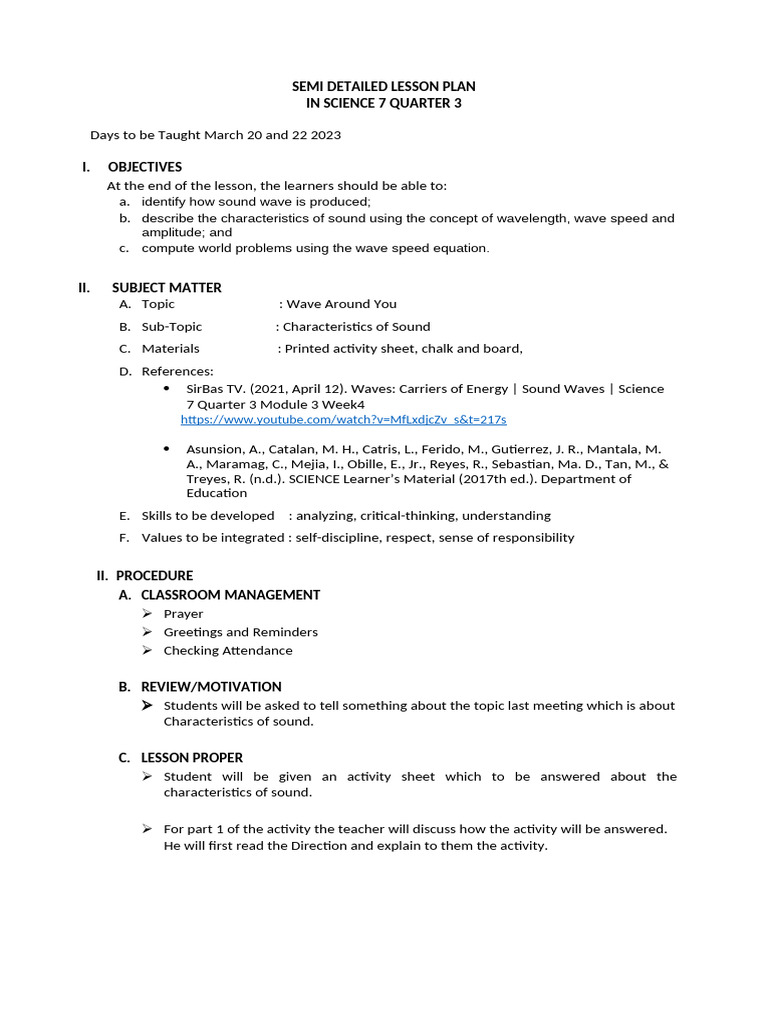 SEMI DETAILED LESSON PLAN in Sound and Vibration | PDF | Waves | Wavelength