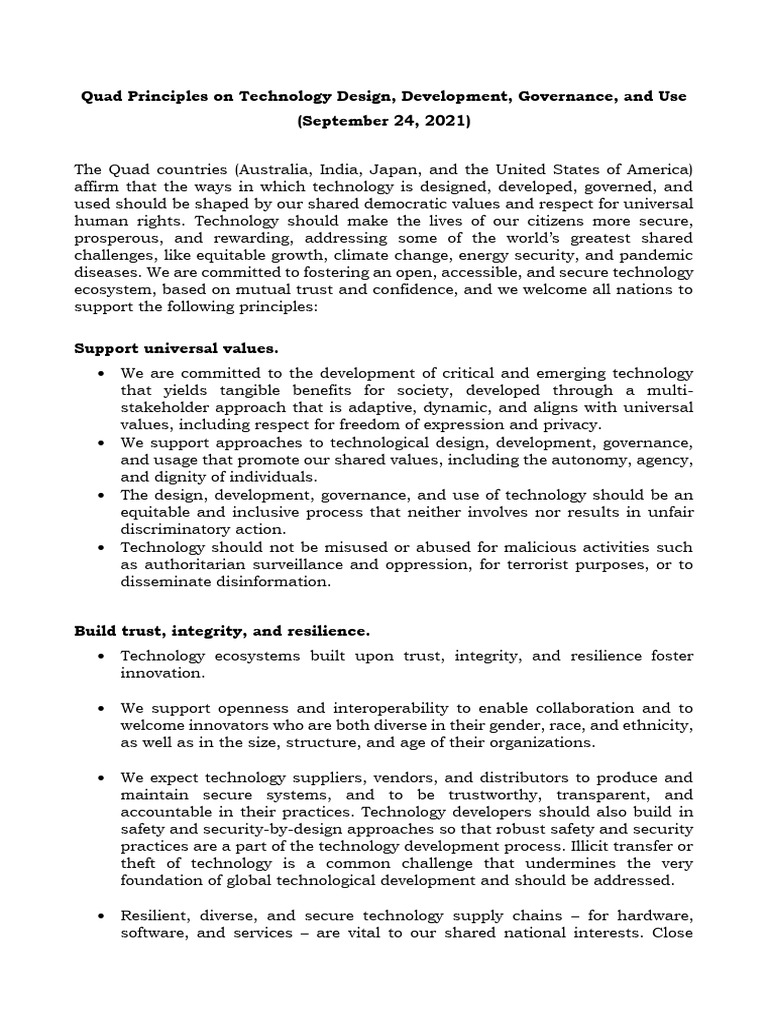 Quad's Tech Principles for Democracy | PDF | Supply Chain | Governance