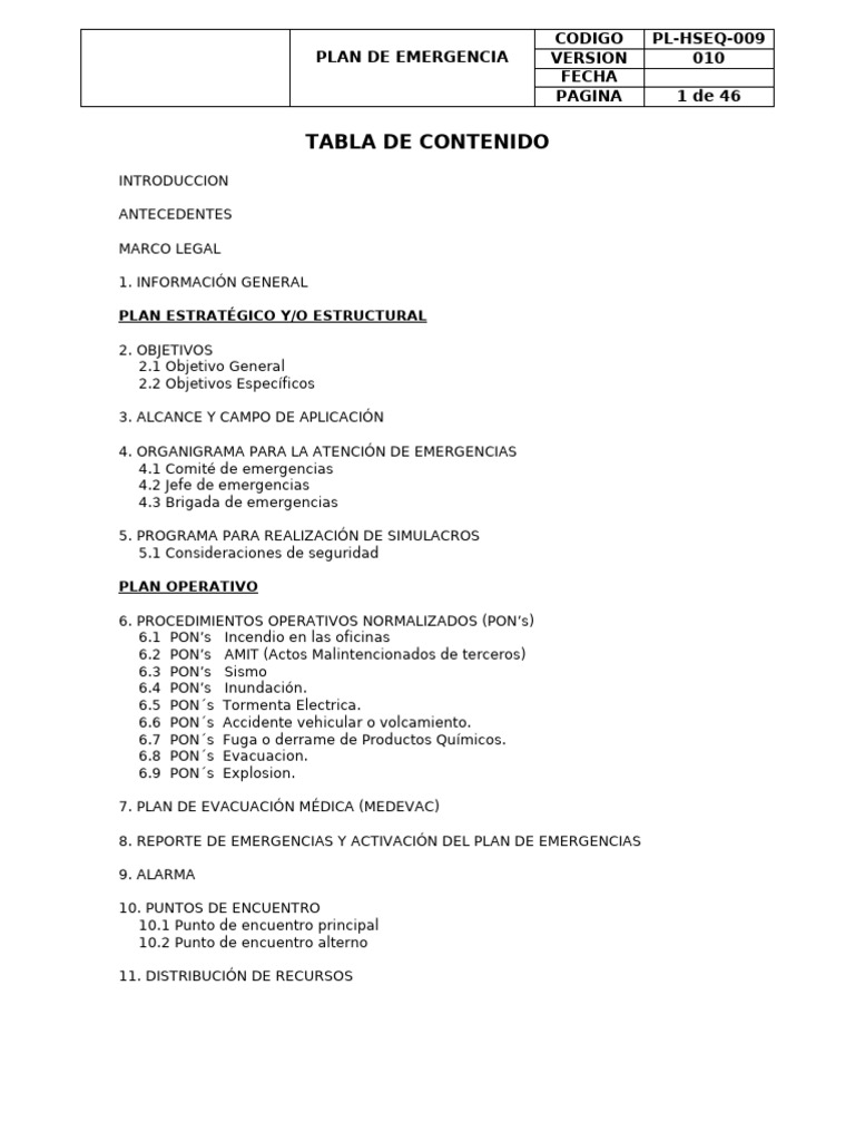 PL-HSEQ-009 Plan de emergencias | PDF | Seguridad y salud ocupacional ...