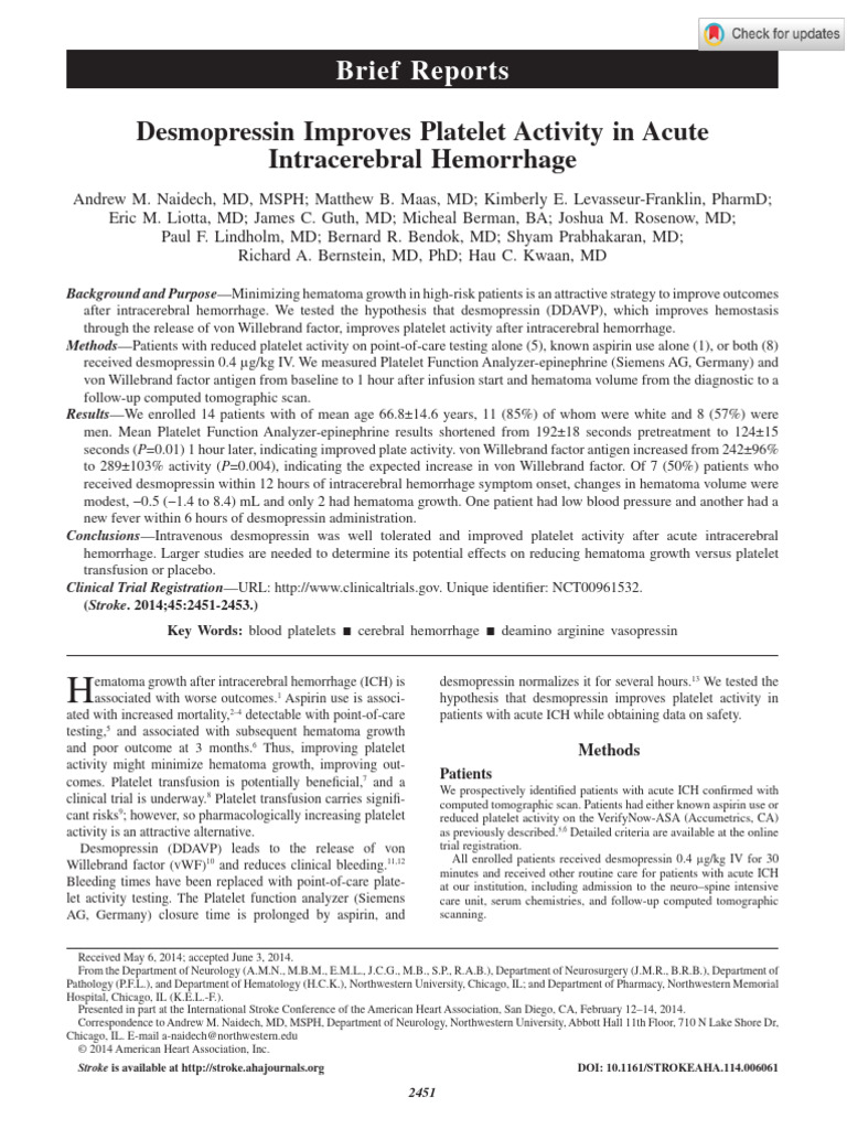 Desmopressin Enhances Platelet Activity in ICH | PDF | Bleeding | Platelet