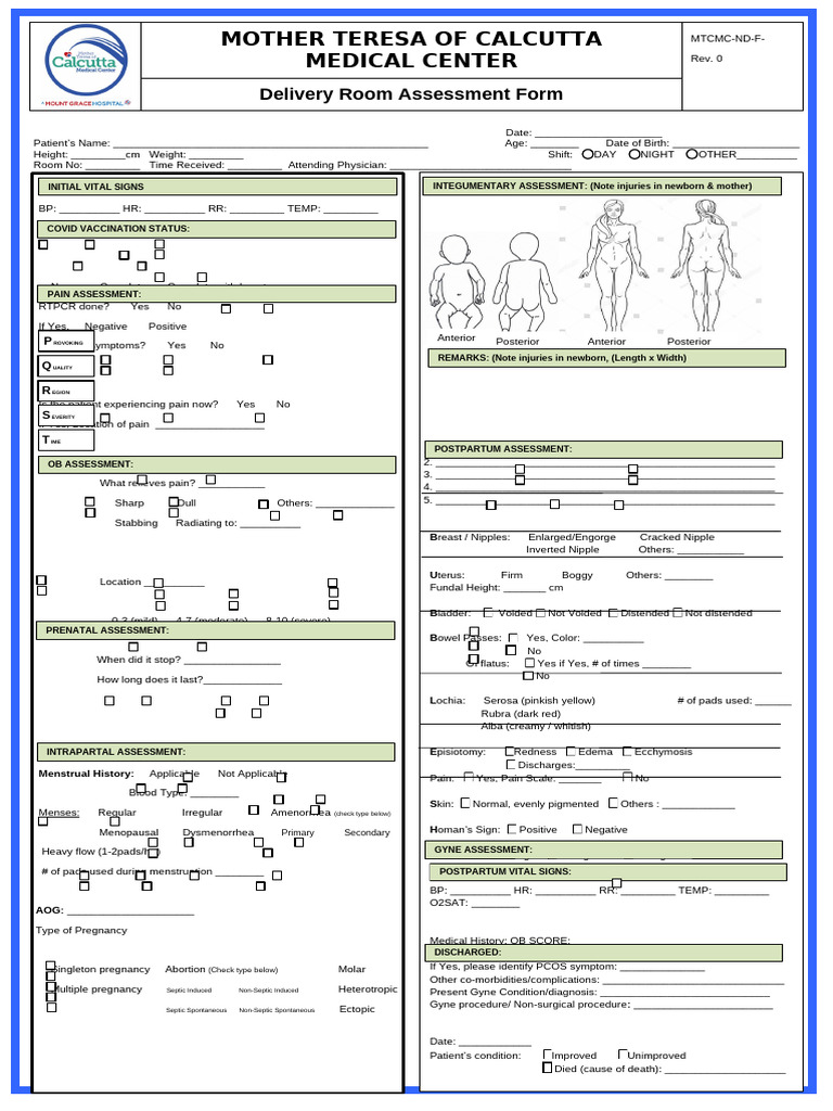 Delivery Room Assessment Form | PDF | Menstruation | Medical Specialties