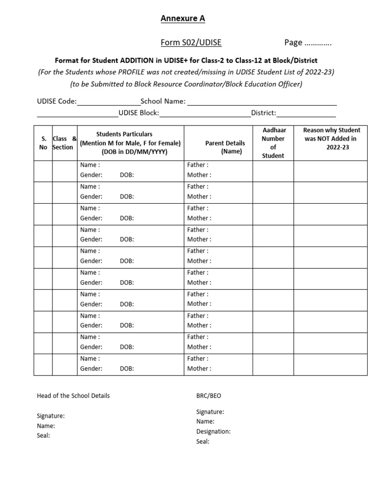 UDISE S02 Student Addition Form | PDF | Parenting | Adulthood
