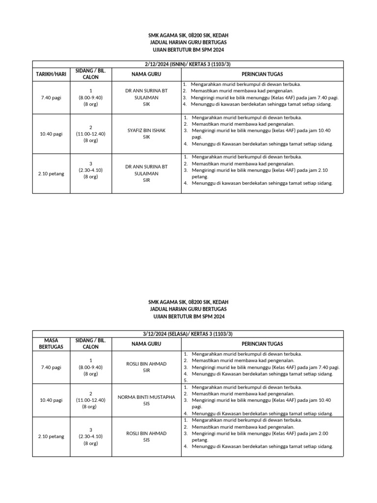 Jadual Bertugas Ujian Bertutur BM-1 | PDF