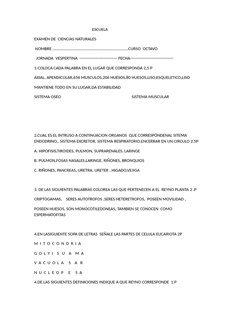 Examen de CCNN Octavo | PDF