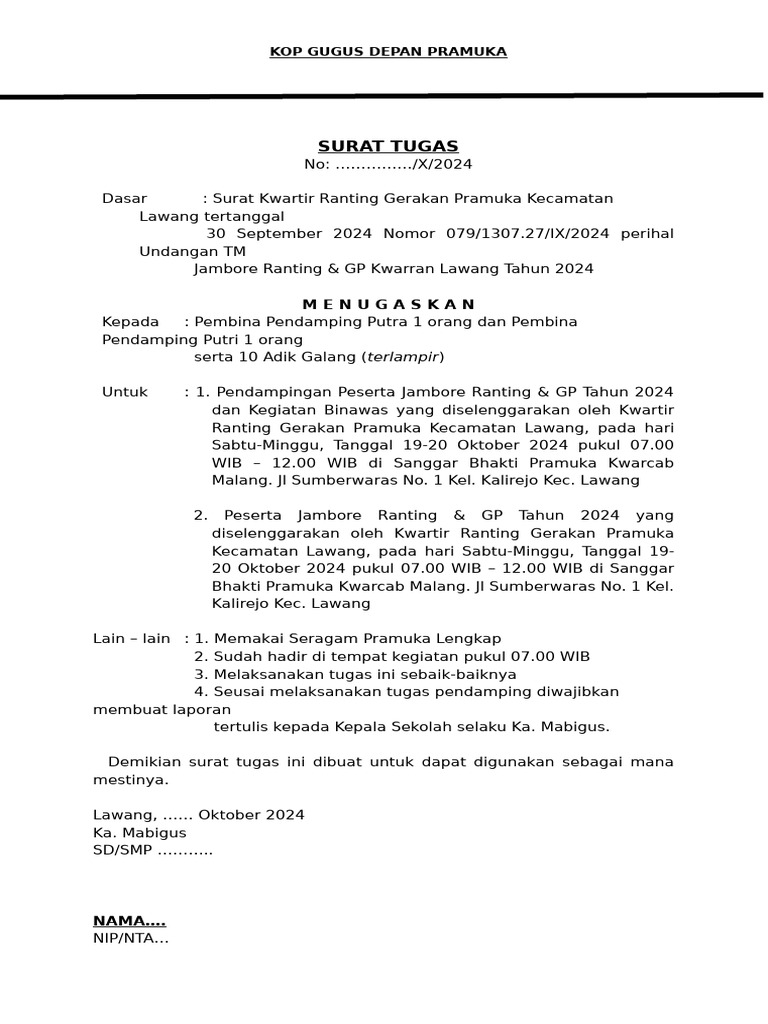 Contoh Surat Tugas Peserta Jamran & GP | PDF