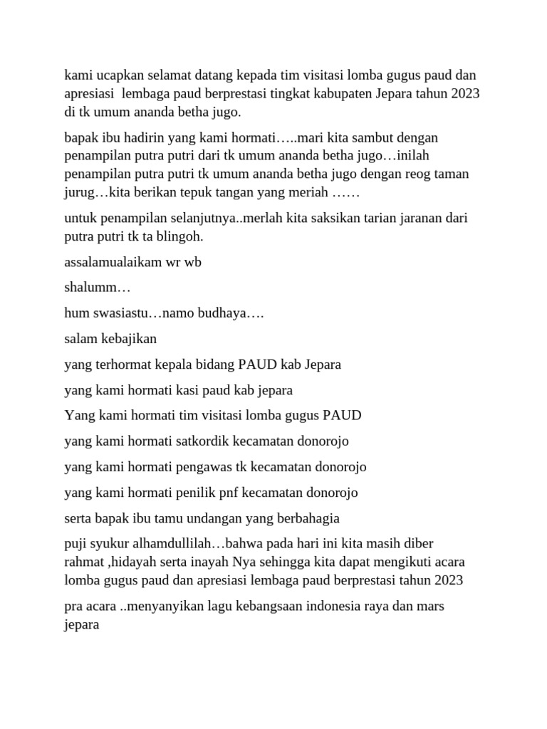 Susunan Acara Lomba Gugus Paud | PDF
