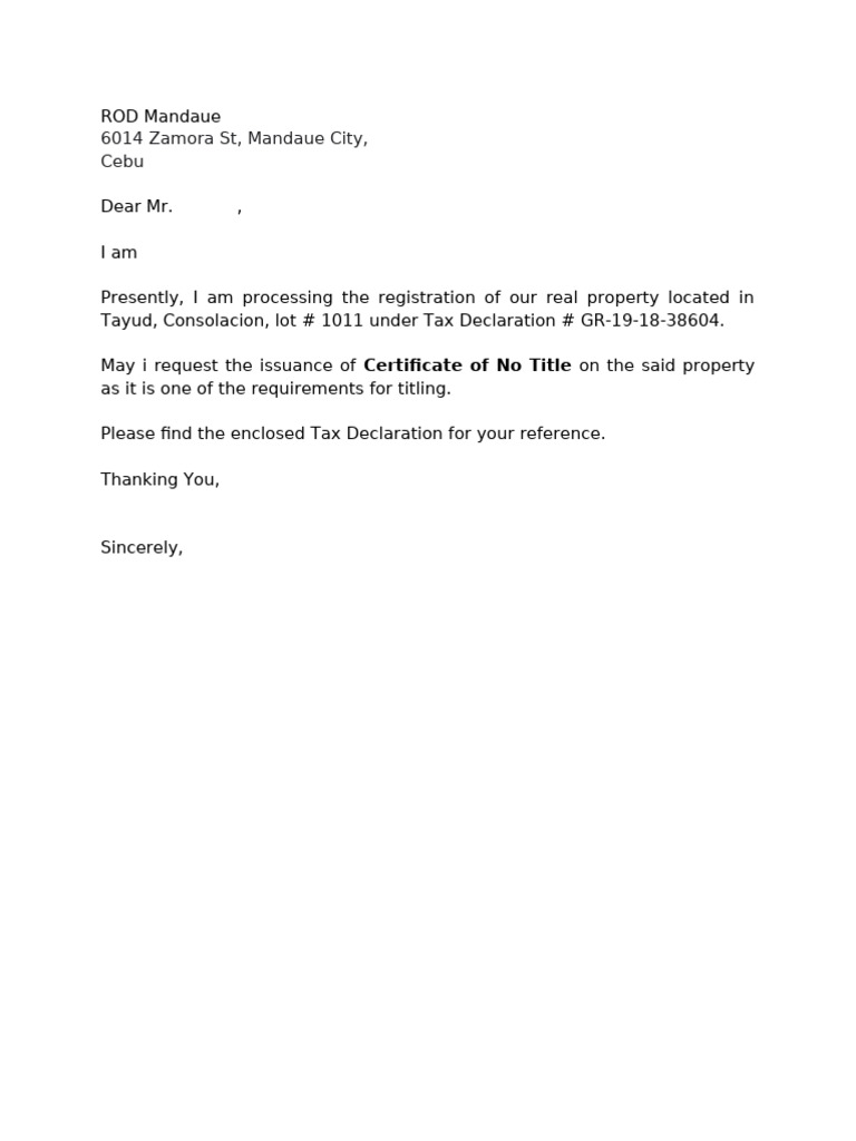 Request For Certificate of No Title | PDF