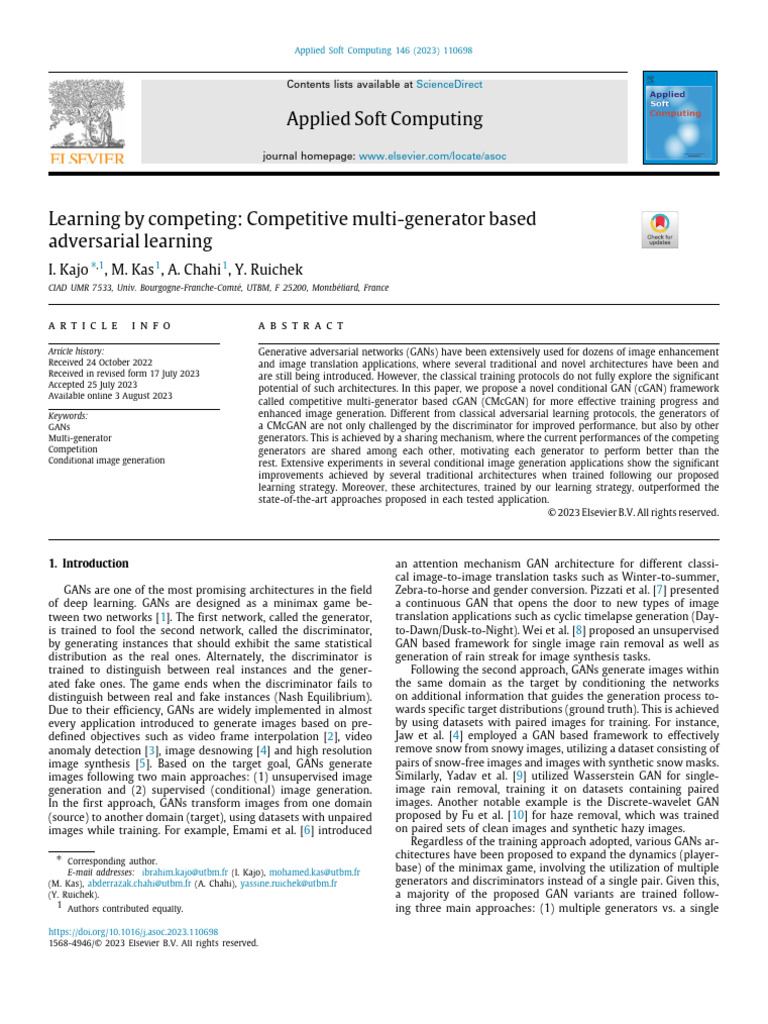 Learning by Competing Competitive Multigenerator Based Adversaial Learning | PDF | Computational ...