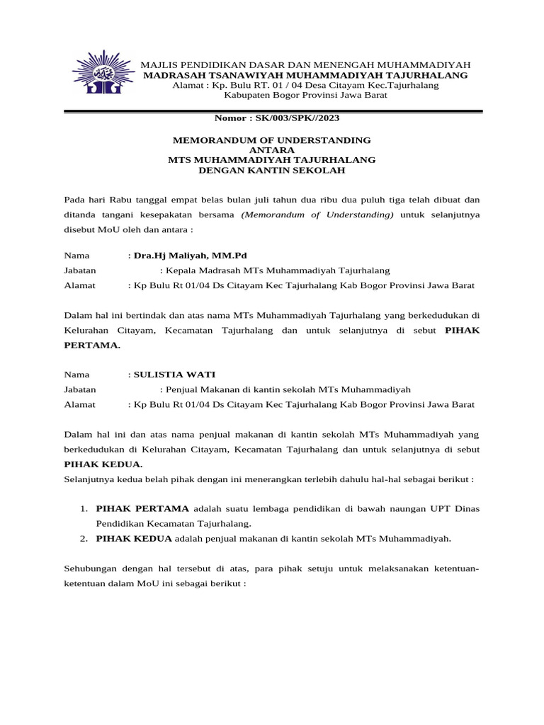 Mou Kantin Sekolah | PDF