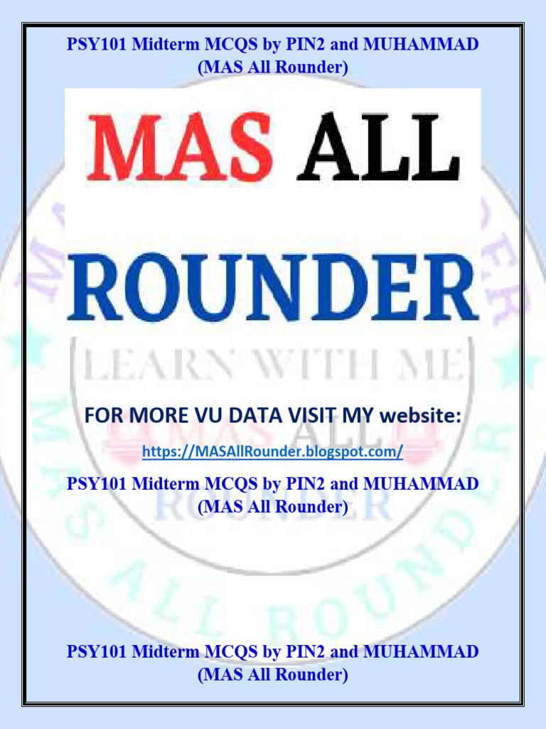 Psy101 Midterm Mcqs by Pin2 and Muhammad (Mas All Rounder) | PDF