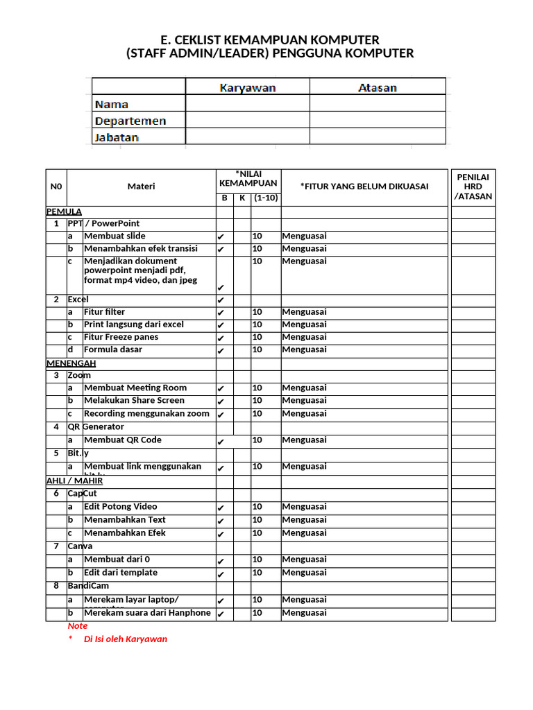 E. CHECKLIST KEMAMPUAN KOMPUTER (2) | PDF