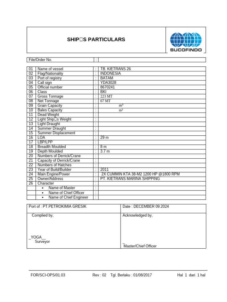 SHIPS PARTICULARS TB KIETRANS 26 | PDF
