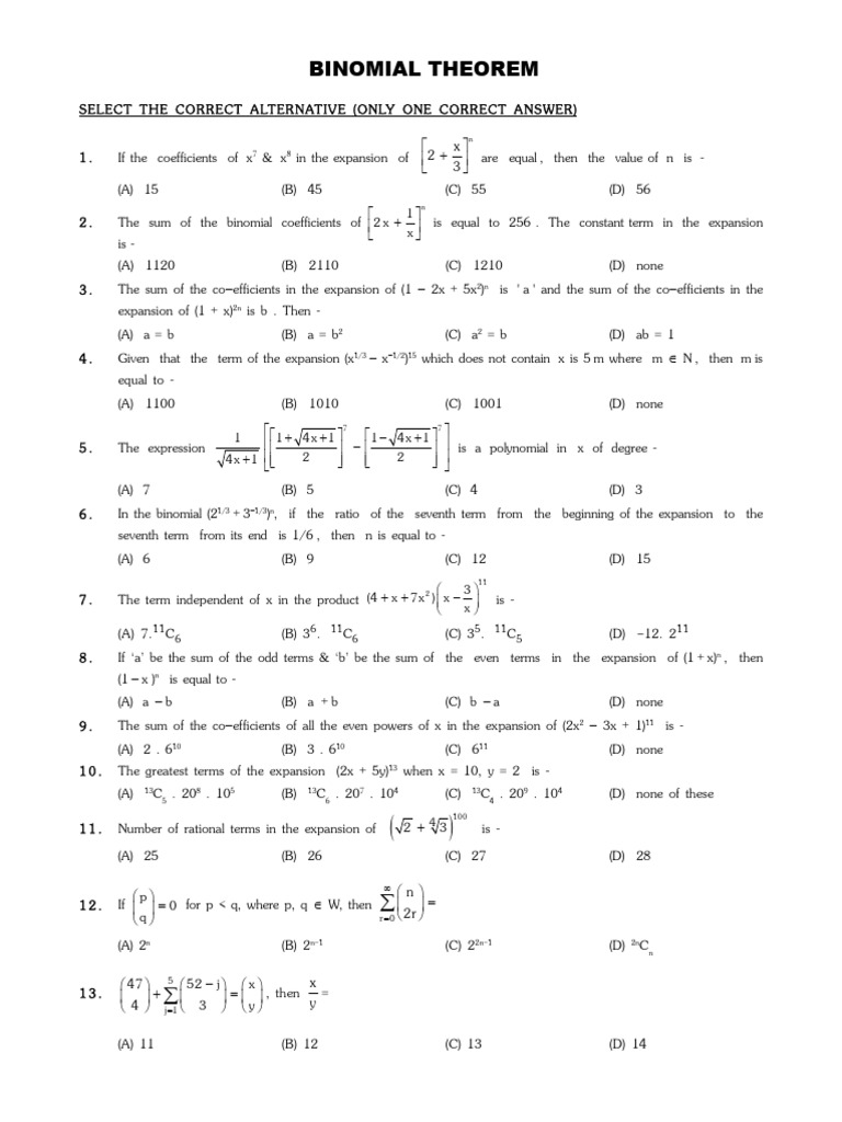Binomial Theorem Practice Questions | PDF | Discrete Mathematics ...