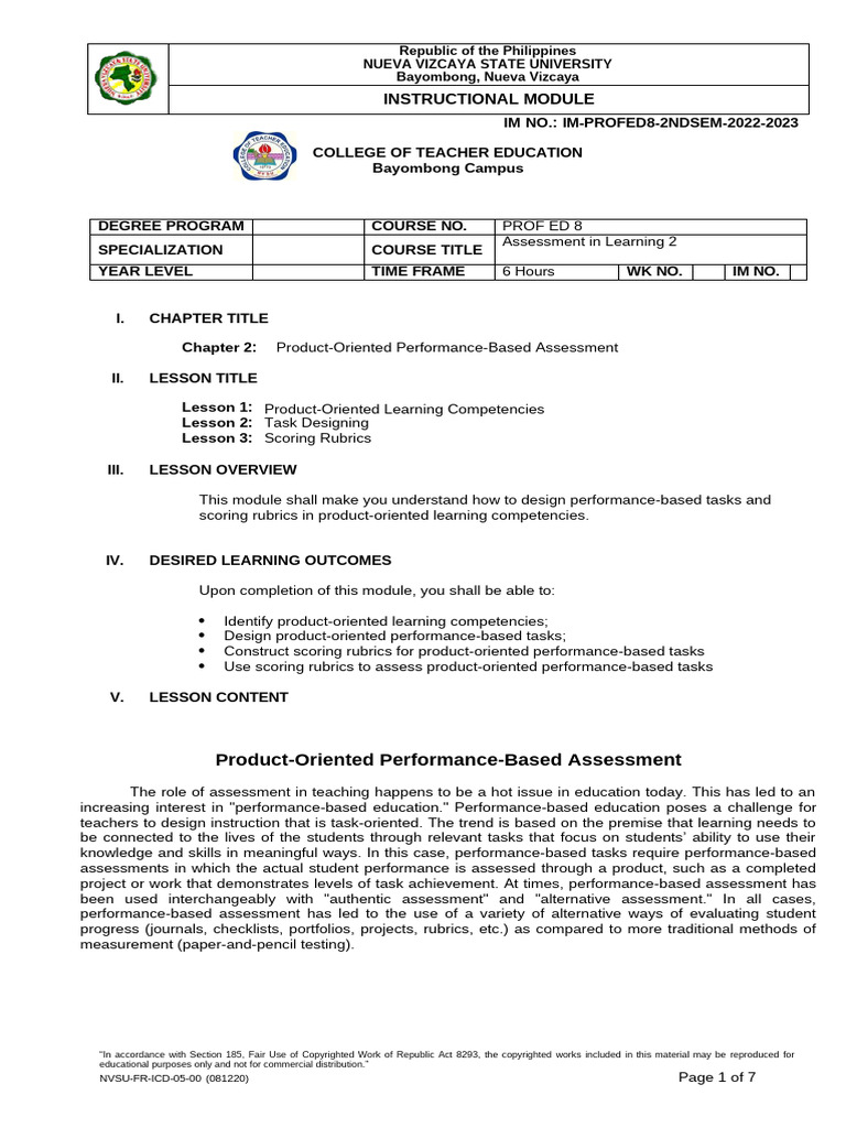 Product Oriented Performance Based Assessment | PDF | Rubric (Academic) | Learning