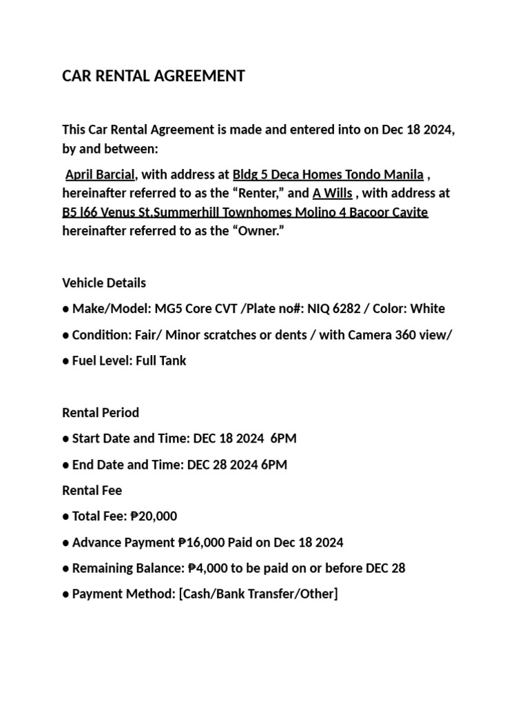 Car Rental Agreement | PDF