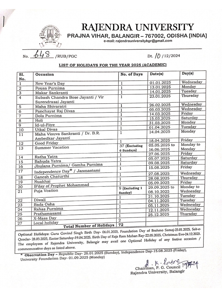 Academic Holiday List 2025 | PDF