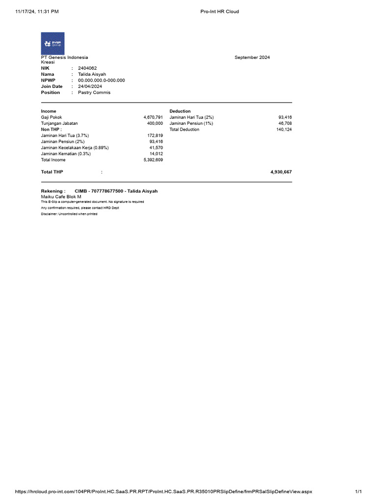 Payslip Talida - September 2024 | PDF