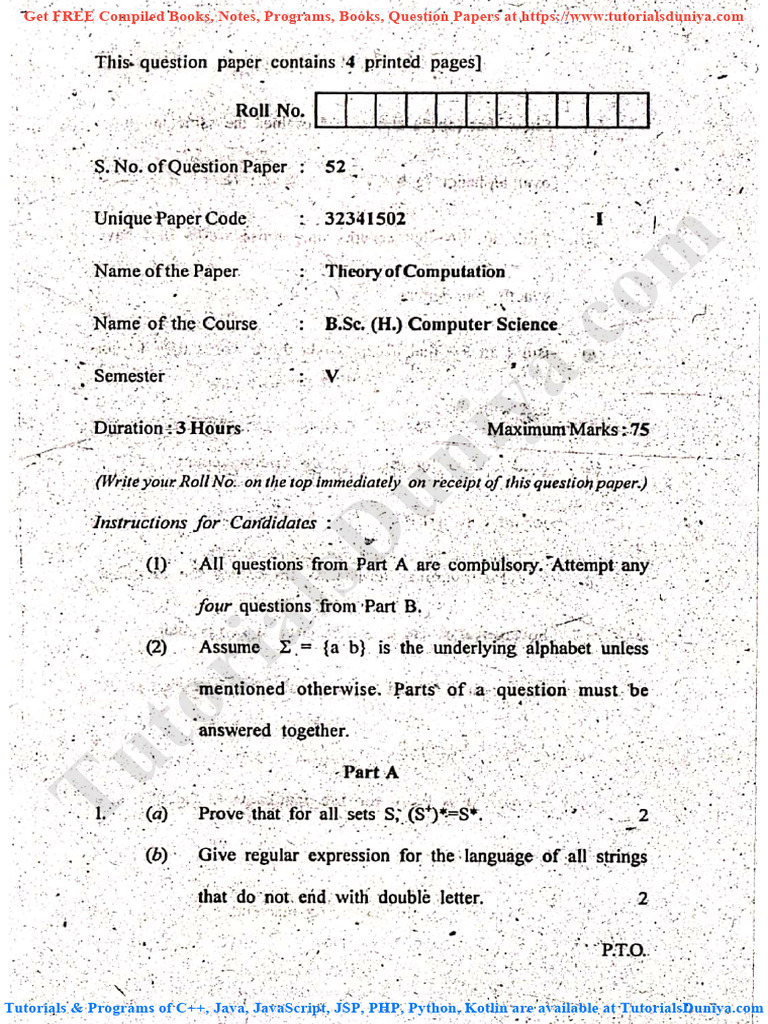 Theory of Computation Question Paper 2018 - Tutorialsduniya | PDF | Java (Programming Language ...