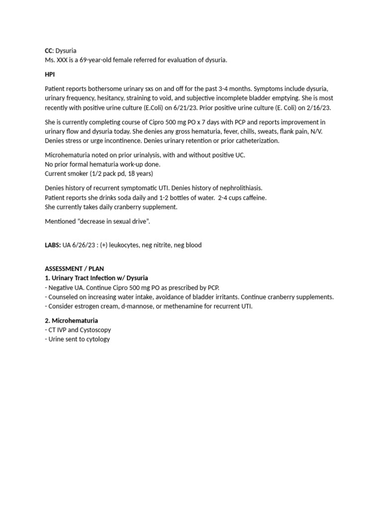 Urology Dysuria UTI Assessment & Plan | PDF