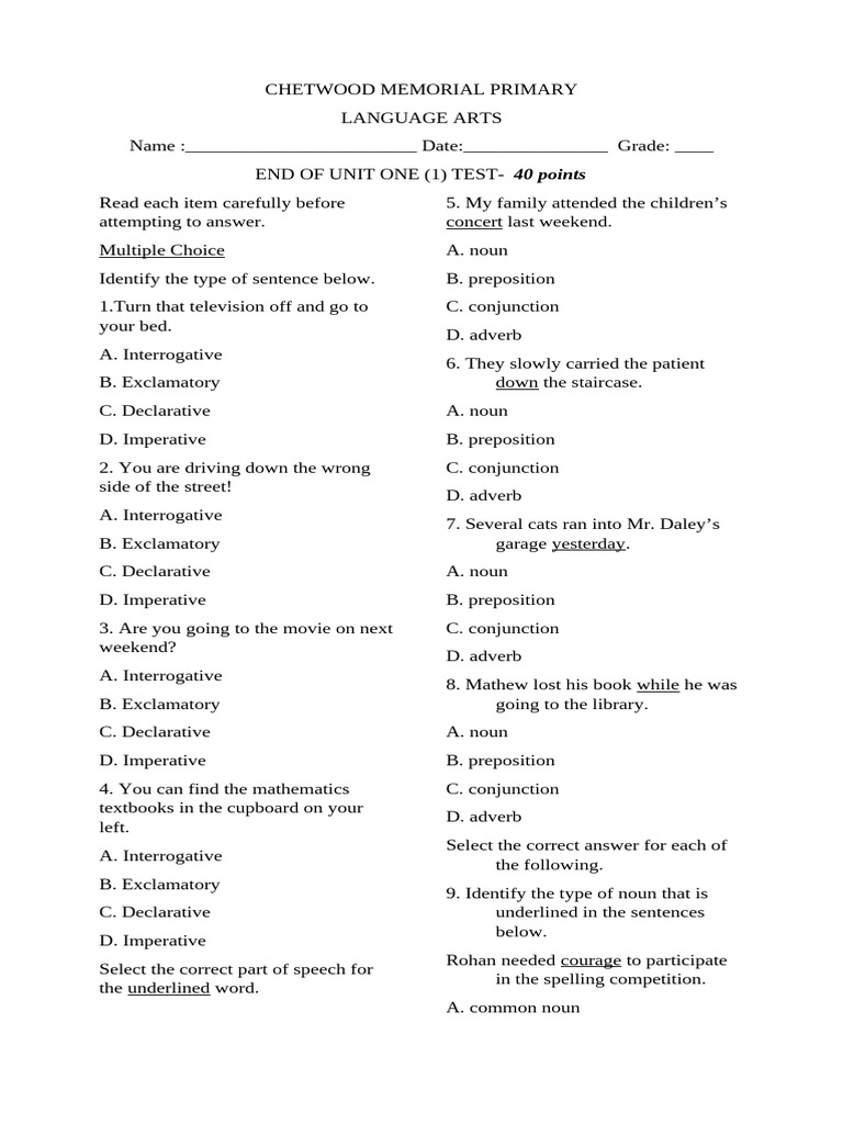 End of Unit One (1) Test 2022 La | PDF | Adverb | Preposition And ...
