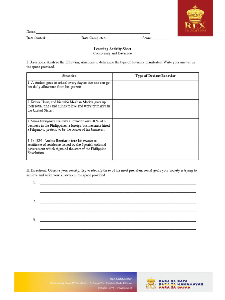Learning Activity Sheet Conformity and Deviance | PDF