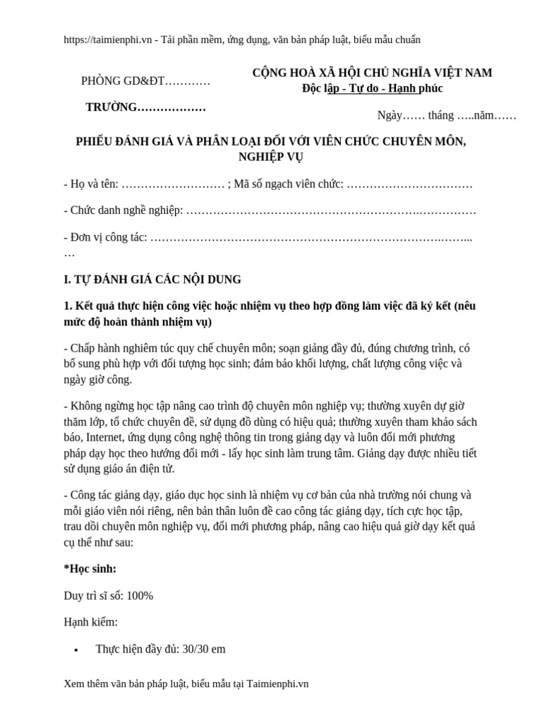 Mau Phieu Danh Gia Phan Loai Vien Chuc Giao Vien THPT | PDF