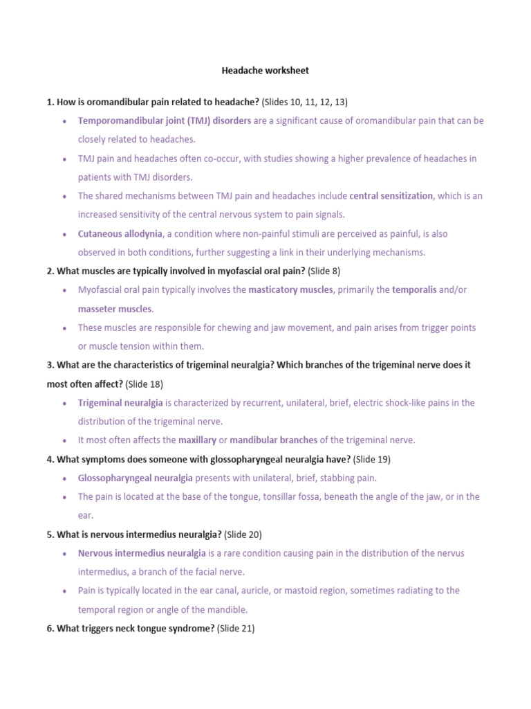 Headache worksheet | PDF | Migraine | Headache