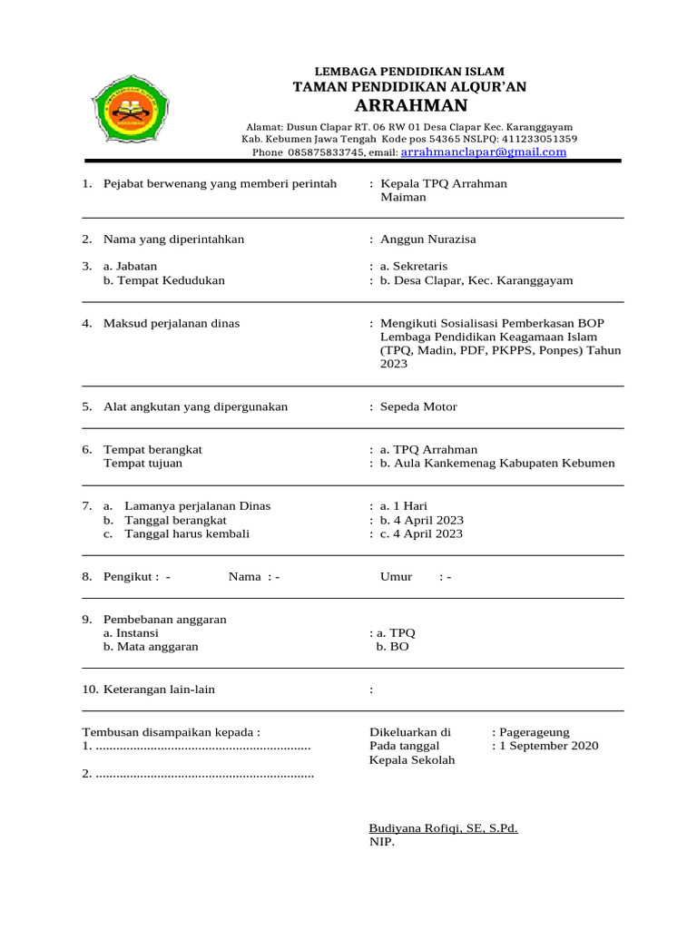 Format SPPD Sekolah untuk Guru | PDF