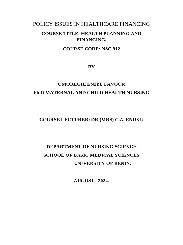 Policy Issues in Healthcare Financing - 035916 | PDF | Health Care | Policy