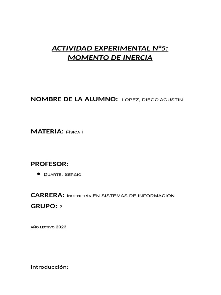 Actividad Experimental n5 Momento de Inecia Lopez | PDF | Inercia ...