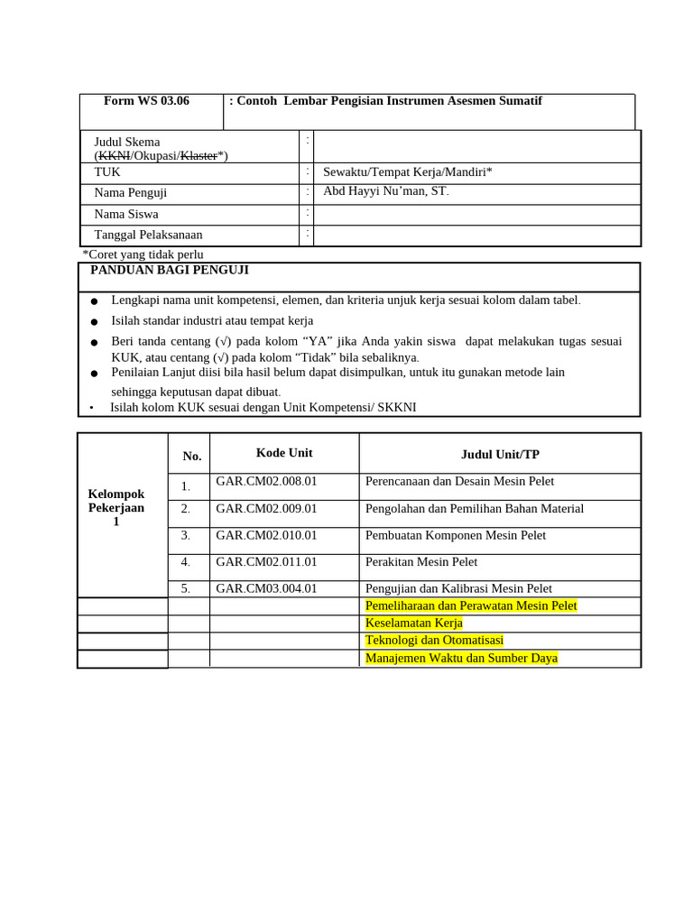 Form LK WS.03.06. Contoh Format Lembar Pengisian Instrumen Asesmen ...