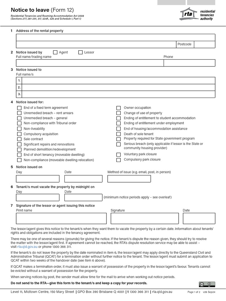 Form 12 Notice To Leave | PDF | Lease | Leasehold Estate