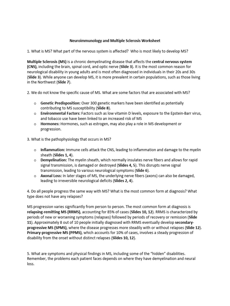 Neuroimmunology and Multiple Sclerosis Worksheet | PDF | Multiple ...