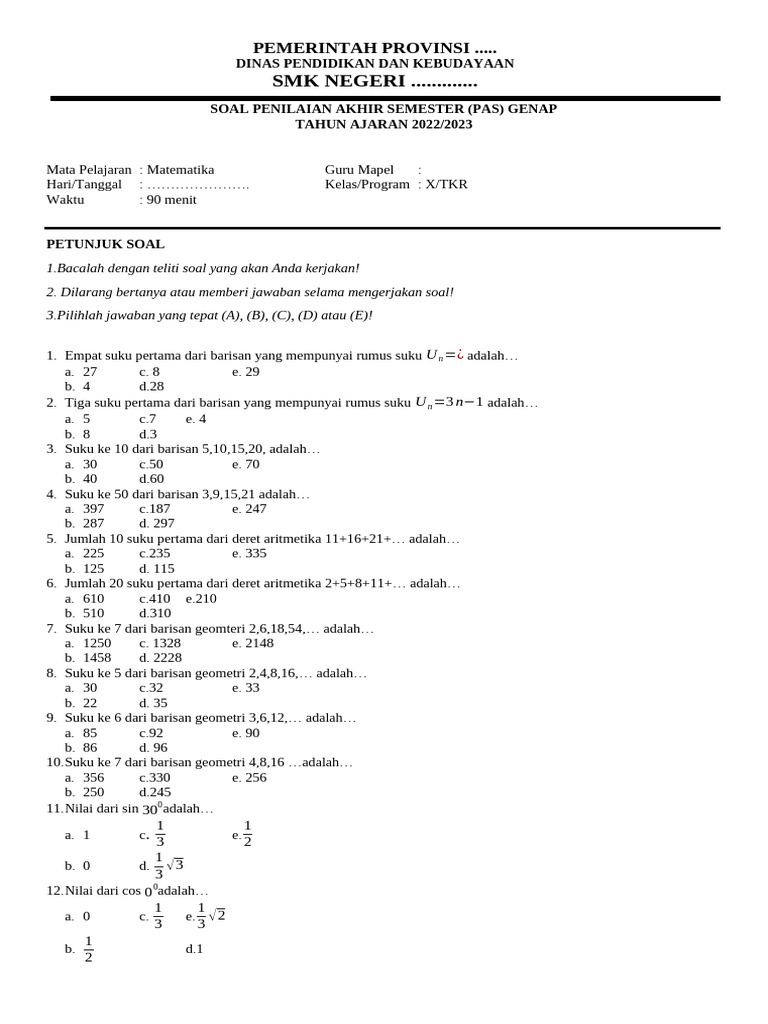 Soal Uas MTK X TKR | PDF