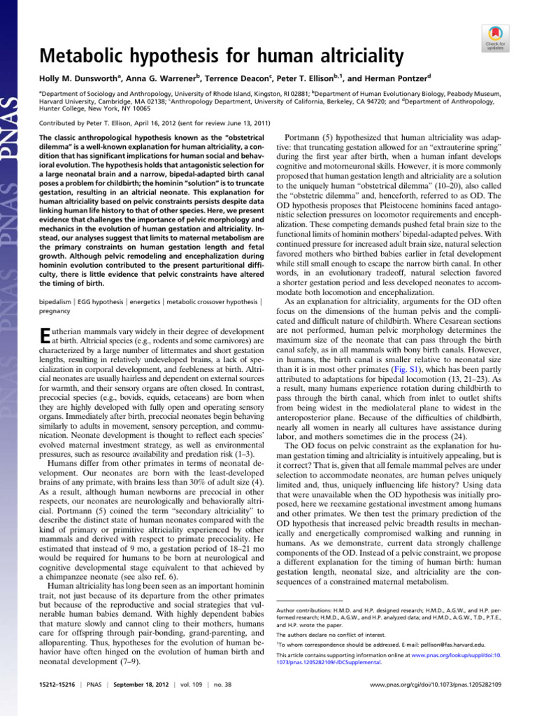 Dunsworth Et Al 2012 Metabolic Hypothesis For Human Altriciality | PDF ...