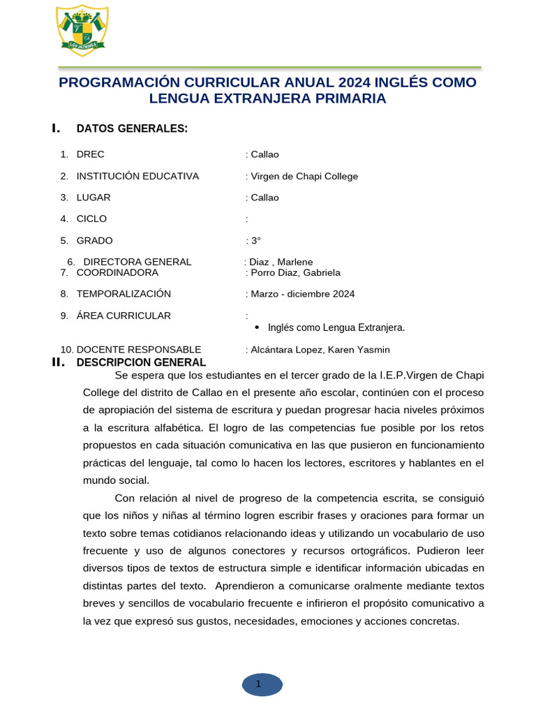 704918611-1-PROGRAMACION-CURRICULAR-ANUAL-PCA-2024-1 | PDF | Aprendizaje | Idioma en Inglés