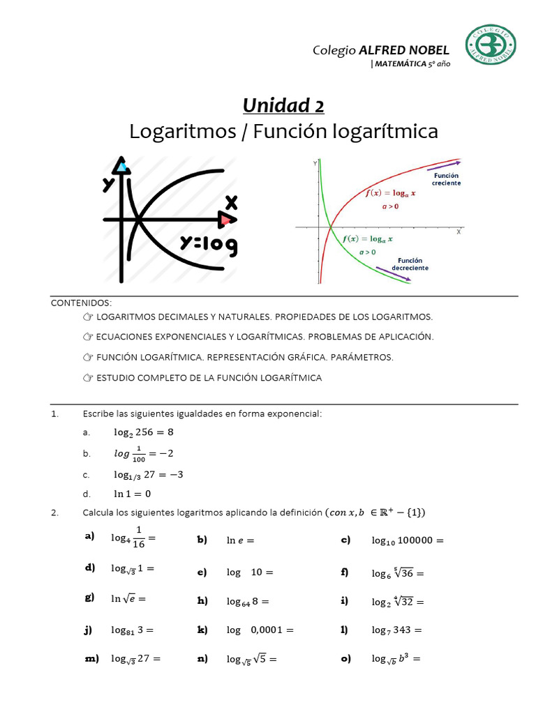 GUIA LOGARITMOS Y FUNCION | PDF | Logaritmo | Asíntota
