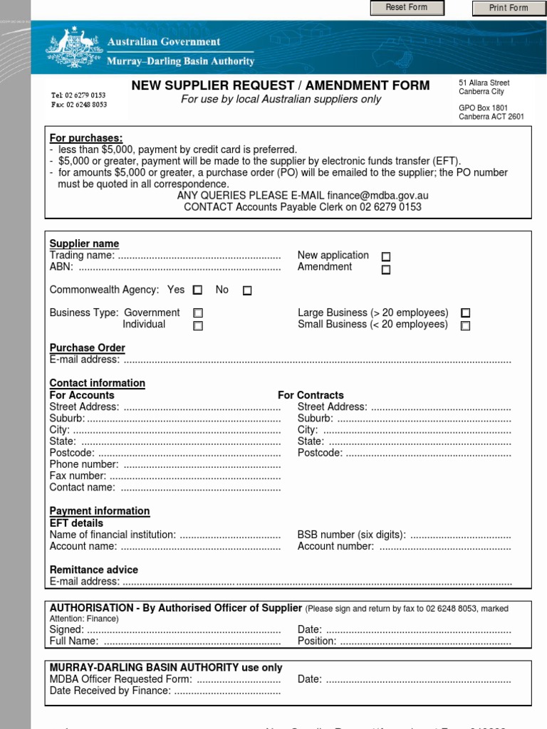 New Supplier Request Form Australia | PDF