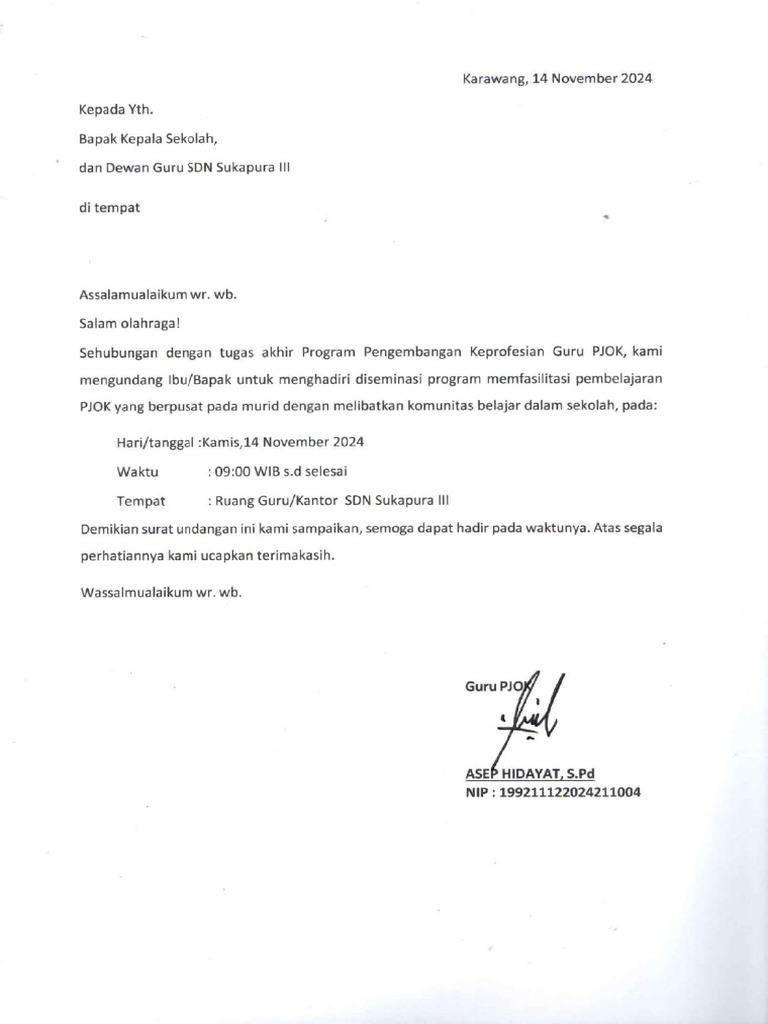 Surat Undangan - PKG PJOK AHY | PDF