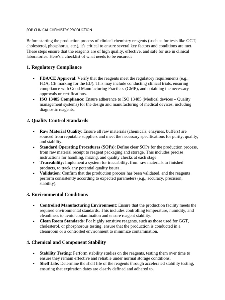 Clinical Chemistry Reagent Production SOP | PDF | Regulatory Compliance ...