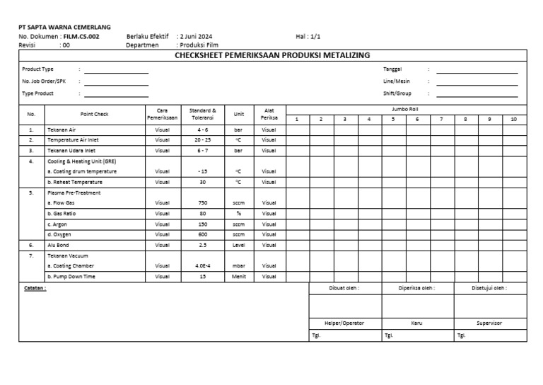 (FILM.cs.002) Checksheet Pemeriksaan Produksi Metalizer - R1 | PDF