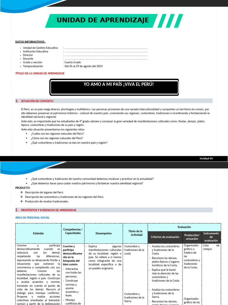 Unidad de Aprendizaje 05 (4º Prim) | PDF | Evaluación | Perú