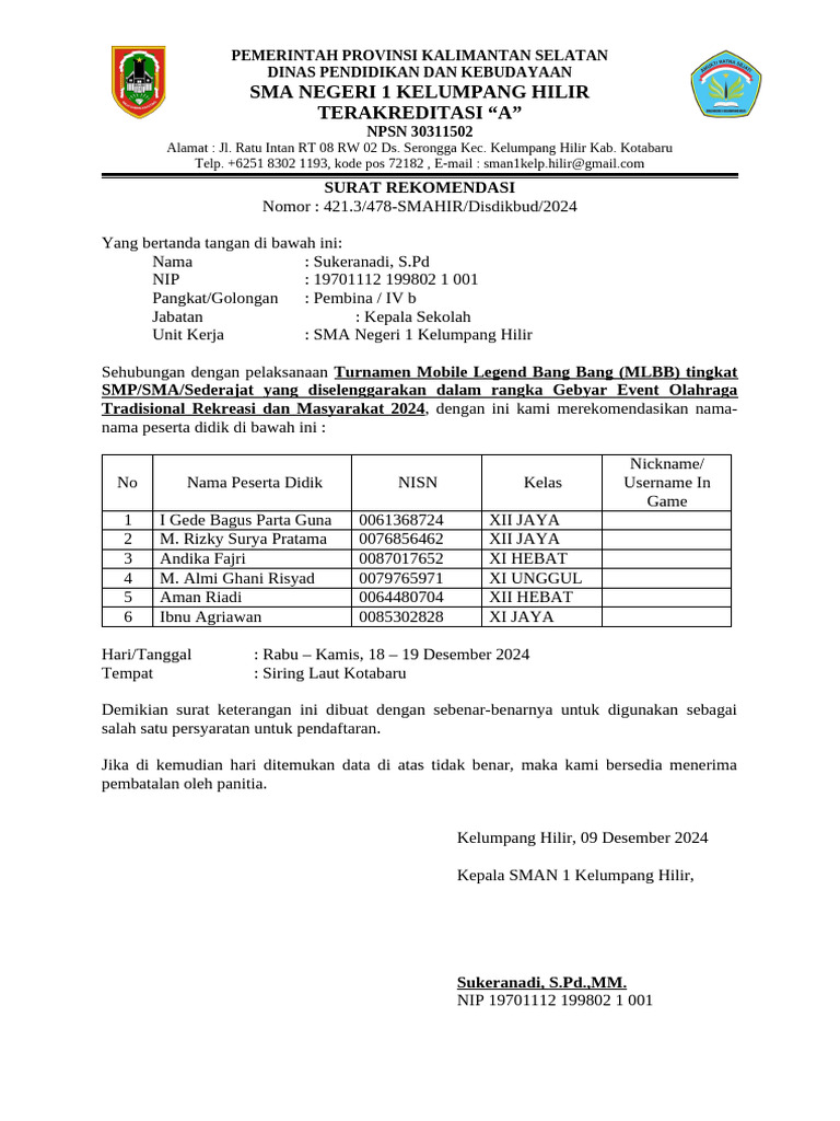 SURAT REKOMENDASI LOMBA MOBILE LEGEND 2024 | PDF