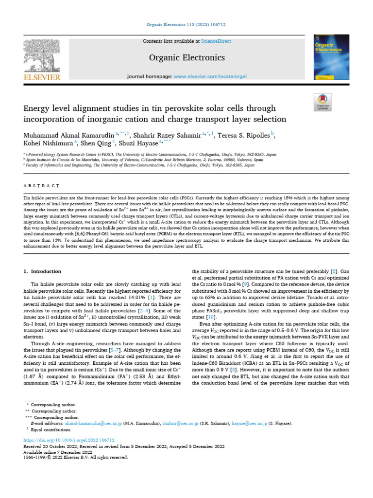 Energy level alignment studies in tin perovskite solar cells through ...