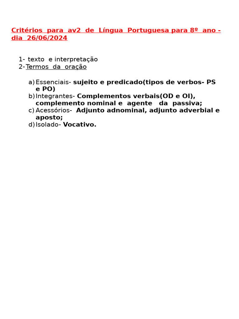 Critérios para Av2 de Língua Portuguesa para 8º Ano - 2º Trimestre - 2 | PDF