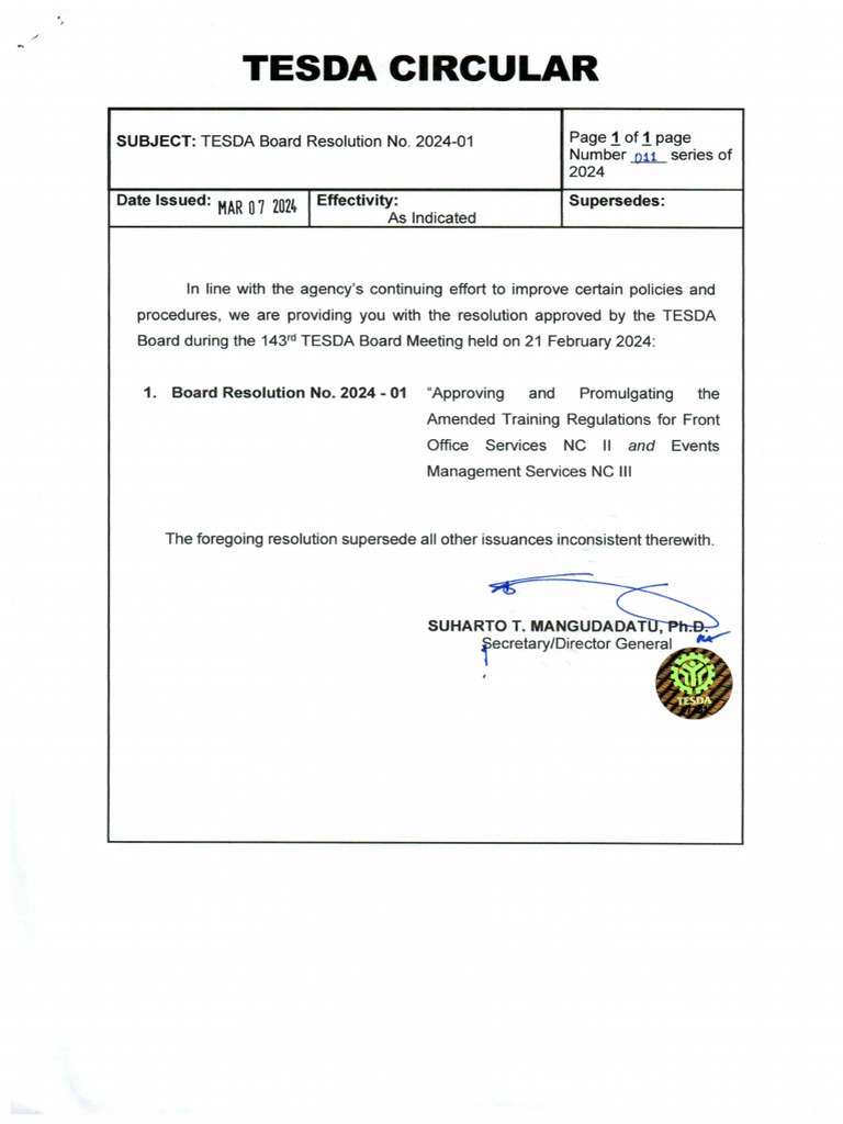 TESDA Circular No. 011-2024 | PDF | Apprenticeship | Curriculum