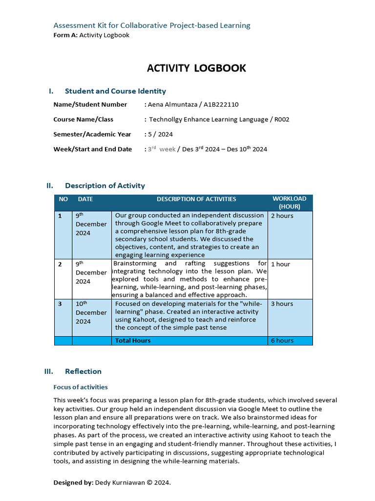 Activity Logbook 3 Aena Almuntaza | PDF | Lesson Plan | Experience