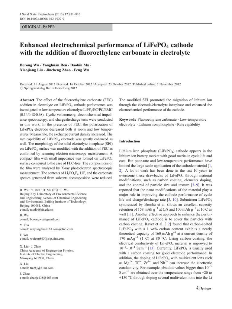 Enhanced Electrochemical Performance of LiFePO4 Cathode | PDF | Lithium Ion Battery ...