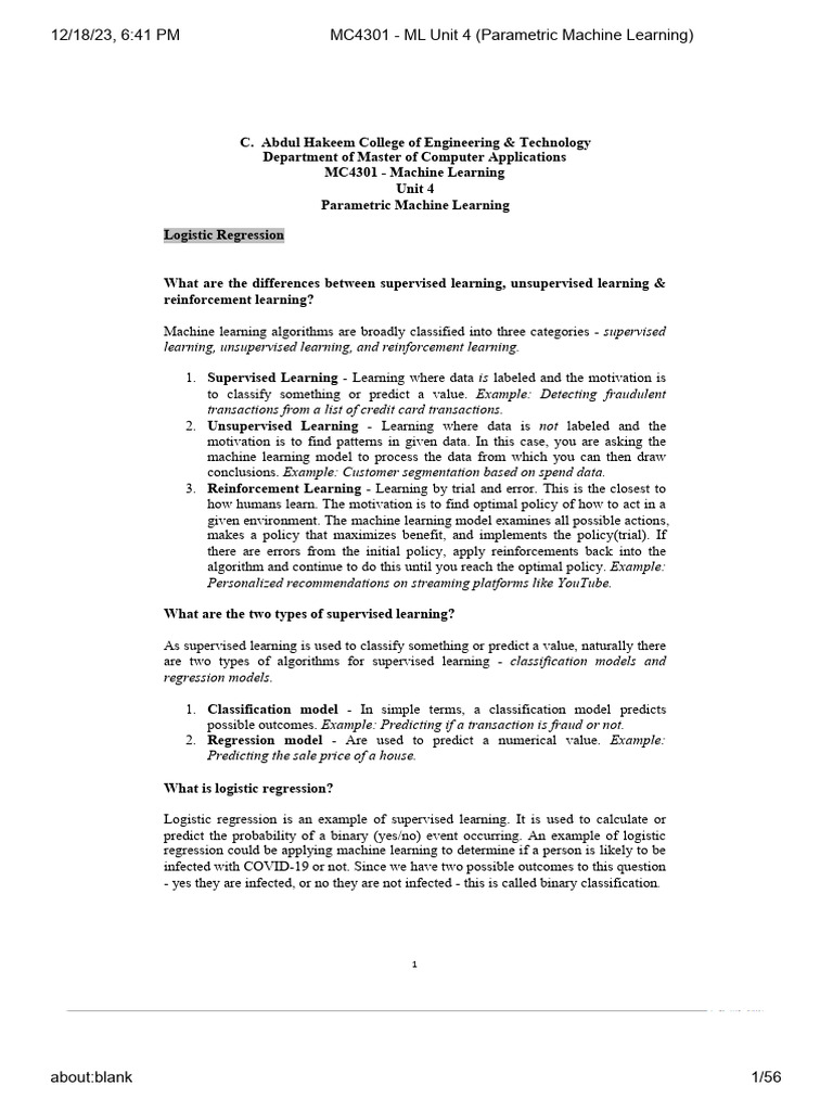 MC4301 - ML Unit 4 (Parametric Machine Learning) | PDF | Statistical Classification | Machine ...