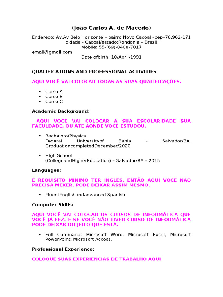 Modelo de Currículo Editável - DMO | PDF